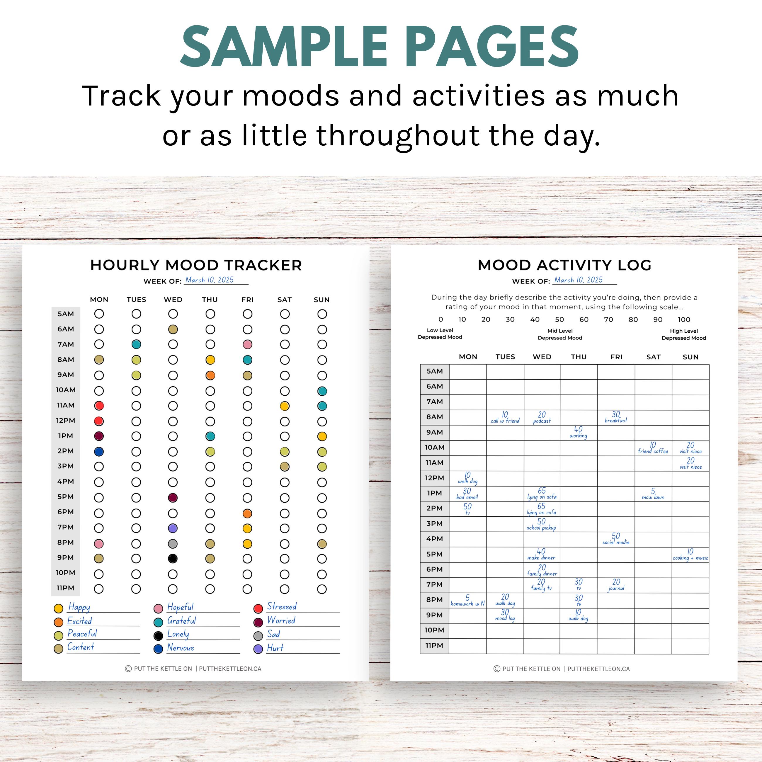 Hourly Mood Tracker Printable, Mood Activity Log, Daily and Weekly Mood ...