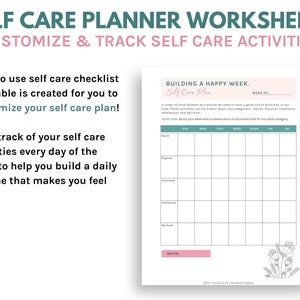 Self Care Planner Printable Worksheets (2 Pages), Self Care Worksheets ...