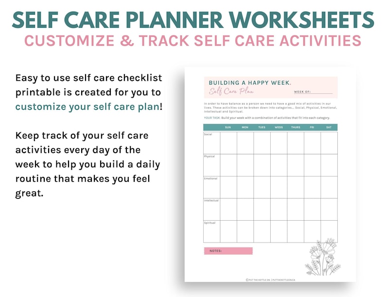 Self Care Planner Printable Worksheets (2 Pages), Self Care Worksheets ...