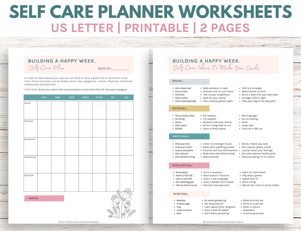 Self Care Planner Printable Worksheets 2 Pages, Self Care Worksheets ...