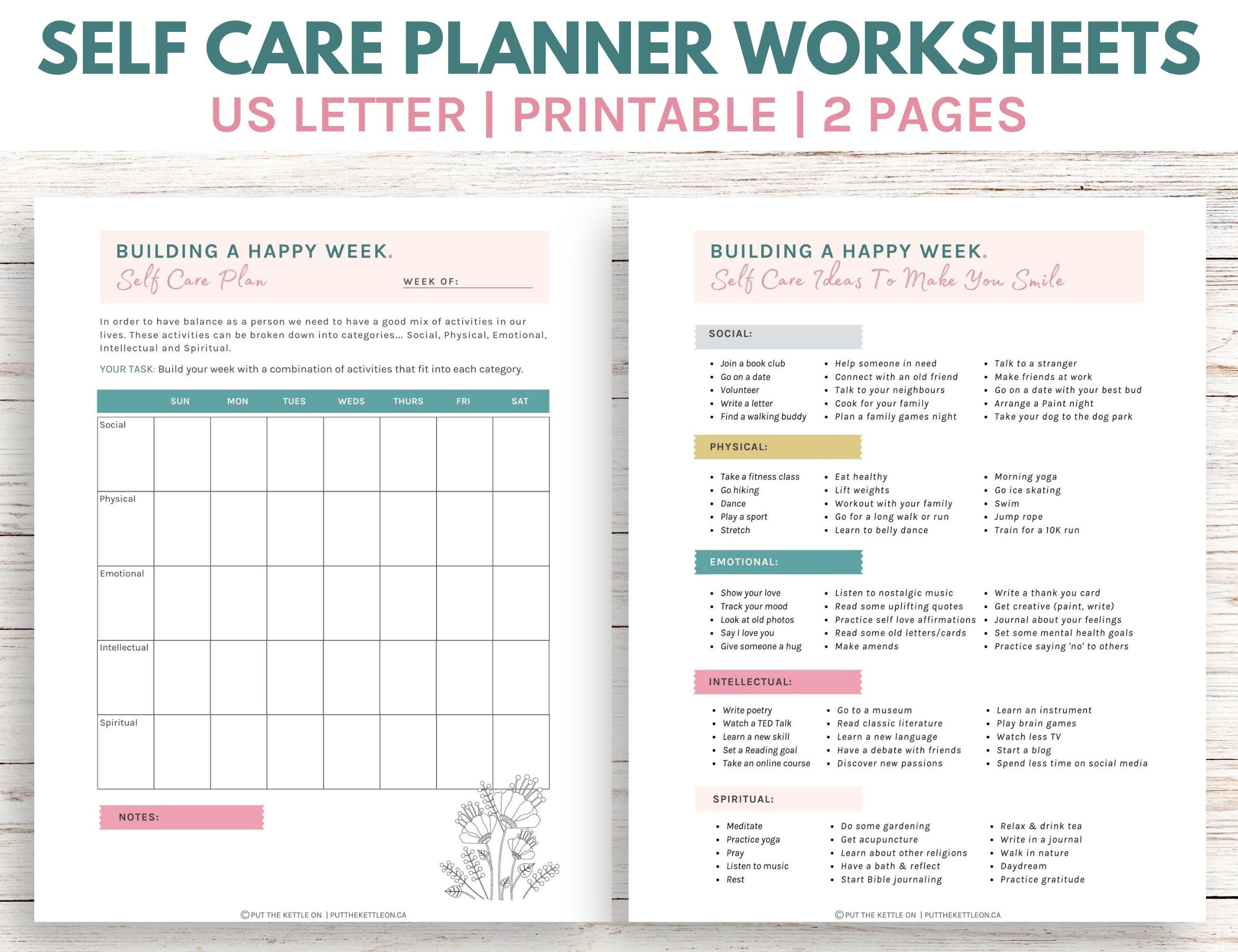 Self Care Planner Printable Worksheets 2 Pages, Self Care Worksheets ...