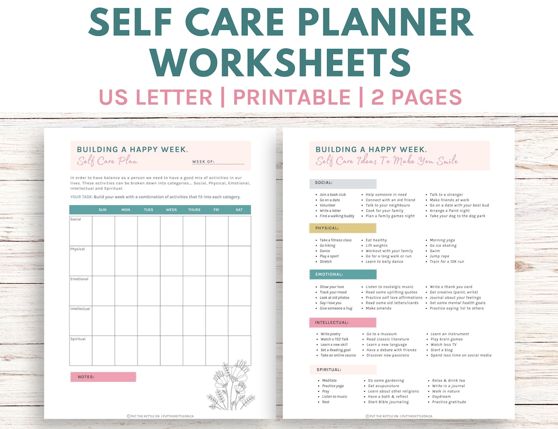 Self Care Planner Printable Worksheets (2 Pages), Self Care Worksheets ...