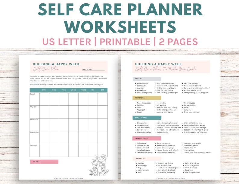 Self Care Planner Printable Worksheets (2 Pages) (digital Download) - Etsy