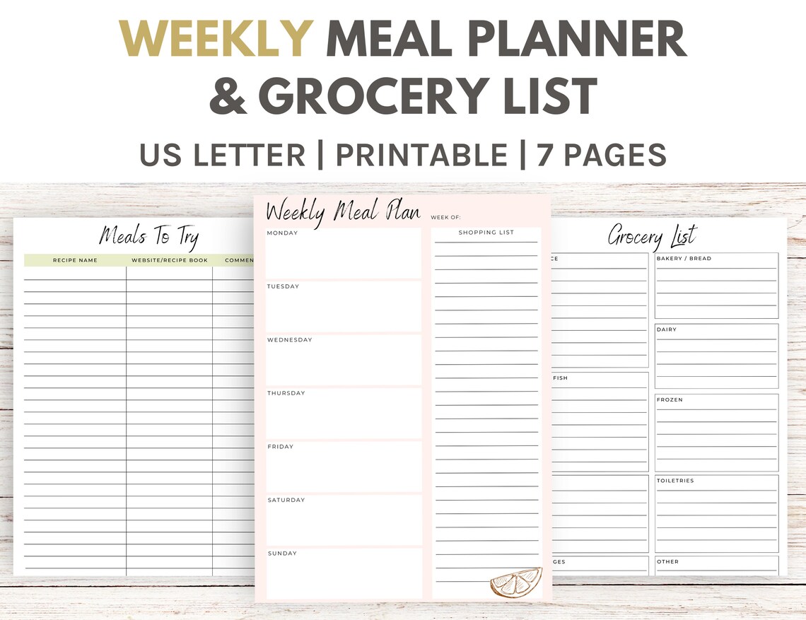 Weekly Meal Planner Printable, Grocery List and Meals to Try, Printable ...