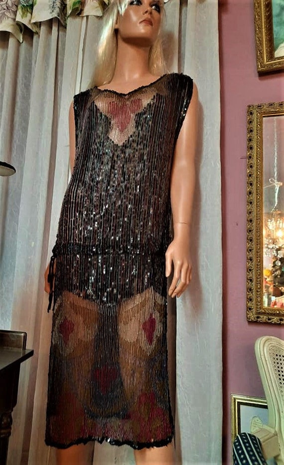 1920's Great Gatsby Flapper Dress Size Peacock Silk F… - Gem