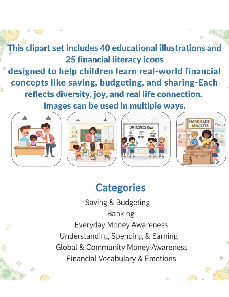 Financial Literacy Clipart + Icon Pack for Kids | 65 Pngs | Diverse ...