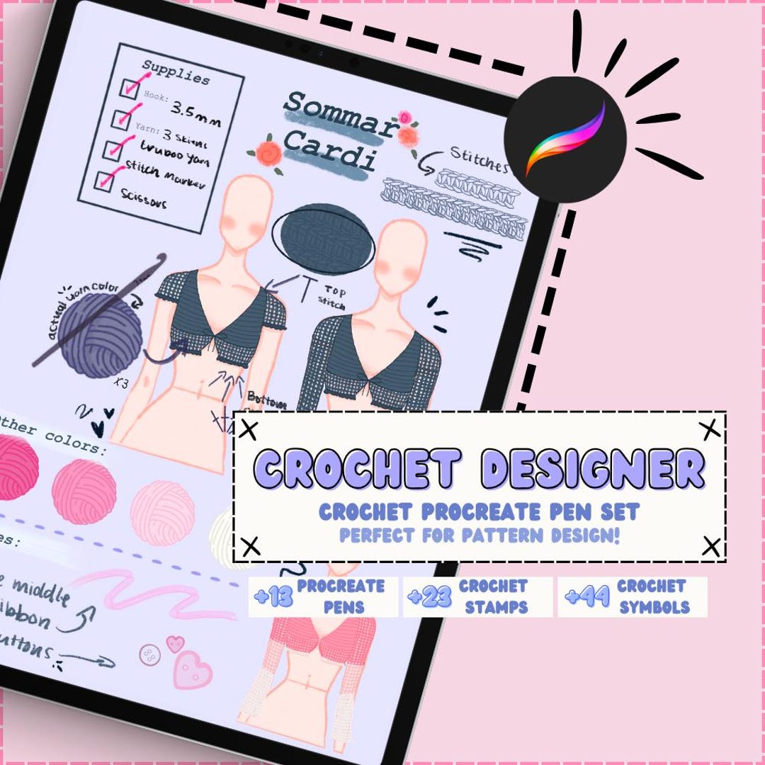 Crochet Procreate Brushes, 90+ Designer Pens, Stamps, Symbols (digital ...