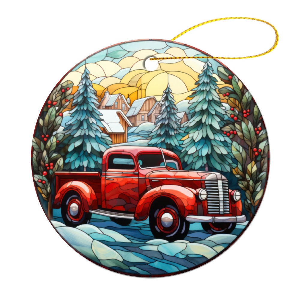 Red Truck Christmas Tree Stained Glass Style Ceramic Ornament Double ...