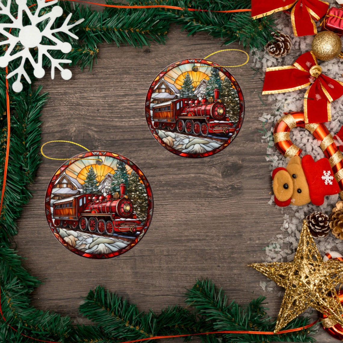 Christmas Train Ceramic Stained Glass Style Ornament Double - Etsy
