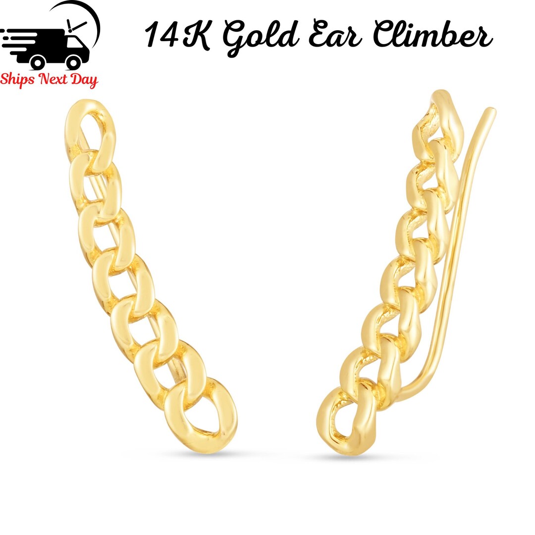 14K Solid Gold Cuban Link Ear Climber, 14K Ear Cuff, Ear Crawler Chic ...