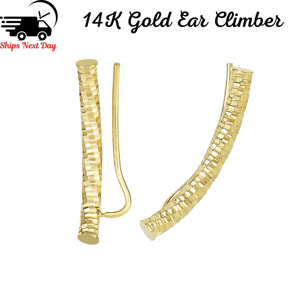 14K Solid Gold Sparkle Twisted Curved Bar Ear Climber 14K Ear - Etsy