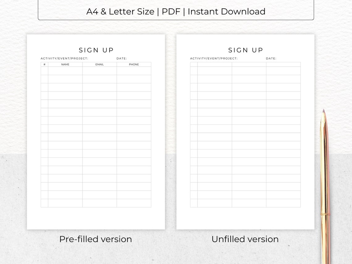 SIGN UP SHEET Template Printable - Email Sign up Form, School Sign up ...