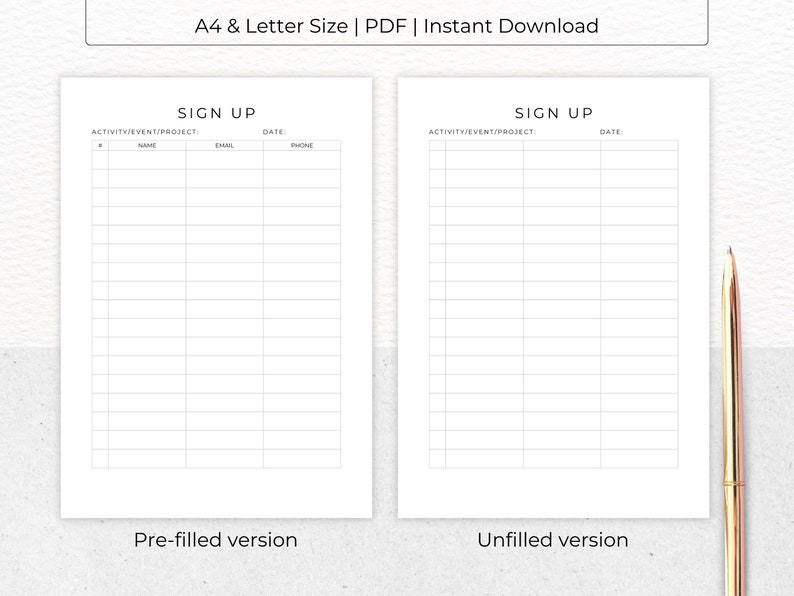 SIGN UP SHEET Template Printable - Email Sign up Form, School Sign up ...