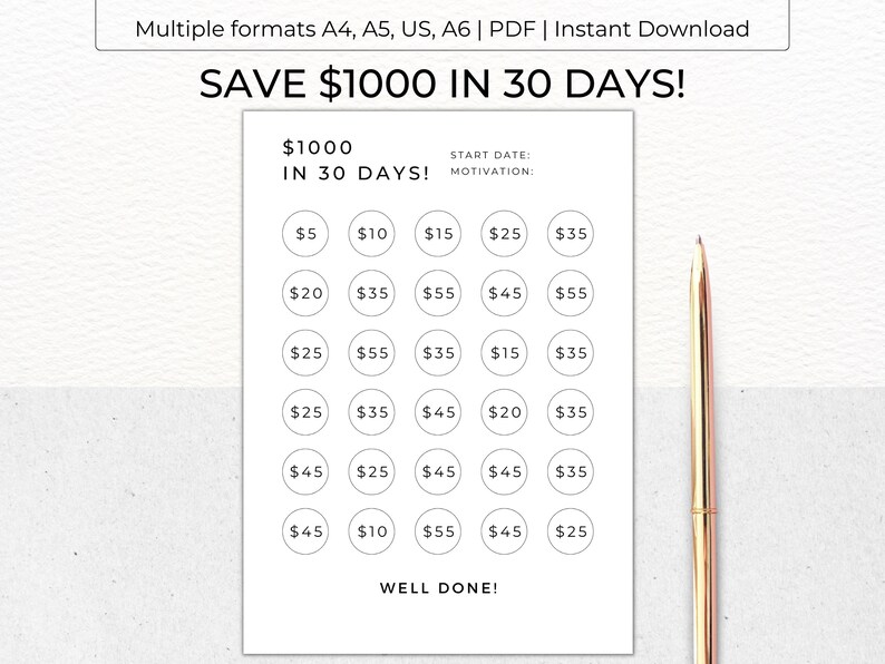 SAVE 1000 in 30 Days - Money Savings Challenge Printable, Dollar ...