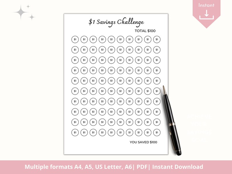 1 DOLLAR BILL CHALLENGE - Money Savings Challenge, Savings Tracker, 100 ...