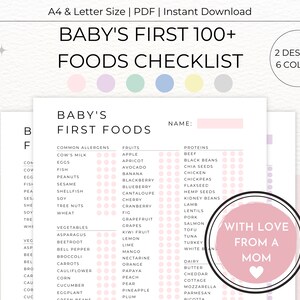 Baby's FIRST FOOD Checklist Printable Baby First 100 Foods, Baby Food ...