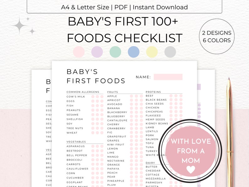 Baby's FIRST FOOD Checklist Printable Baby First 100 Foods, Baby Food ...