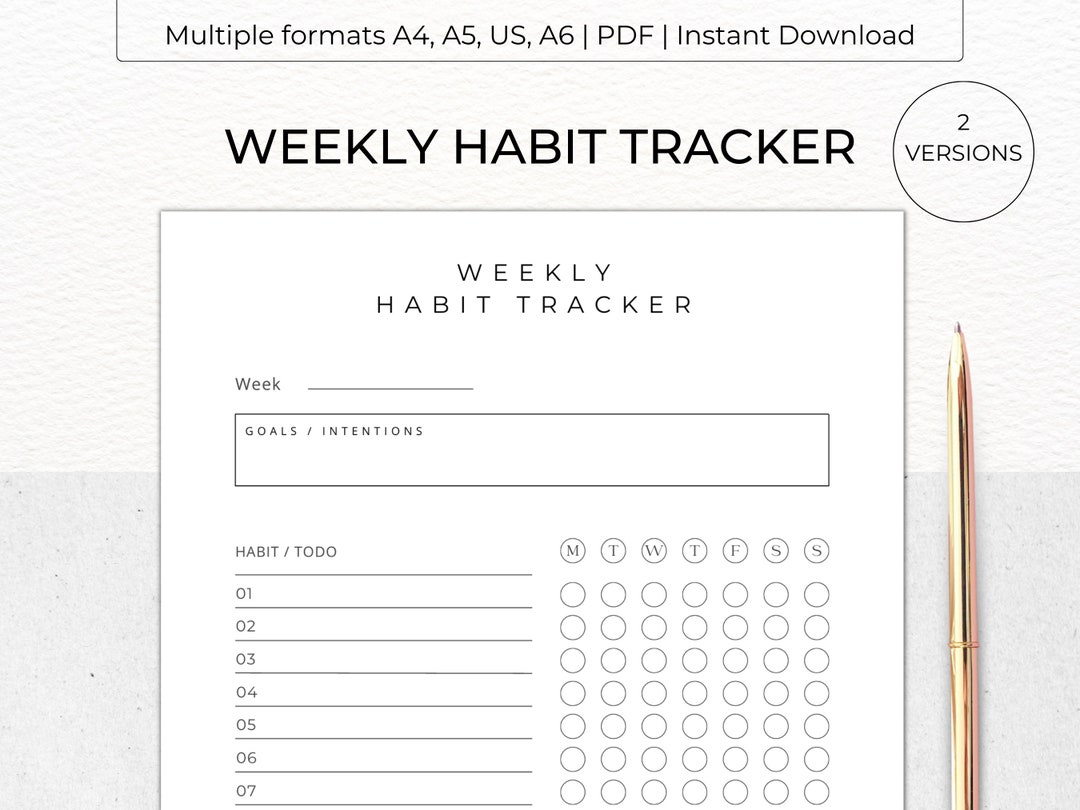 WEEKLY HABIT TRACKER Printable - Monday & Sunday Starts Included, 7 ...