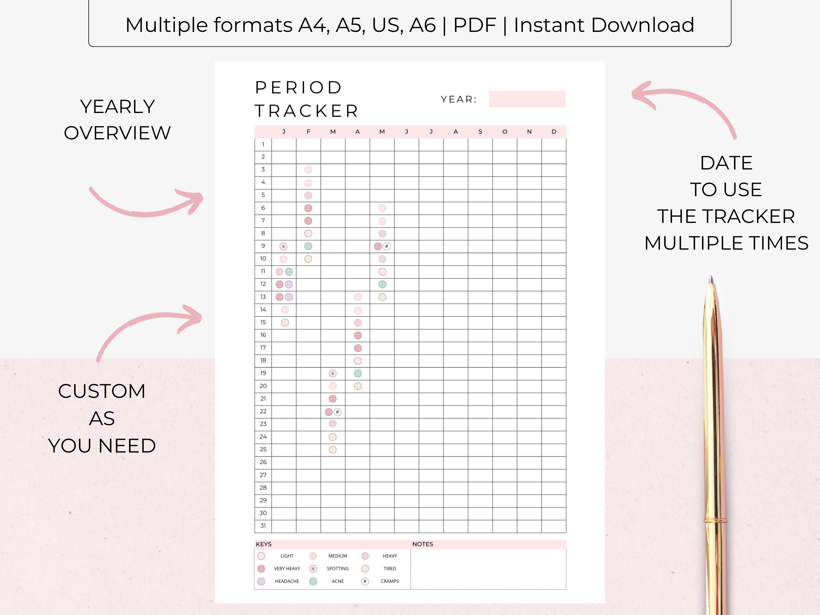PERIOD TRACKER Printable - Cycle Tracker, Yearly Period Log, Period ...
