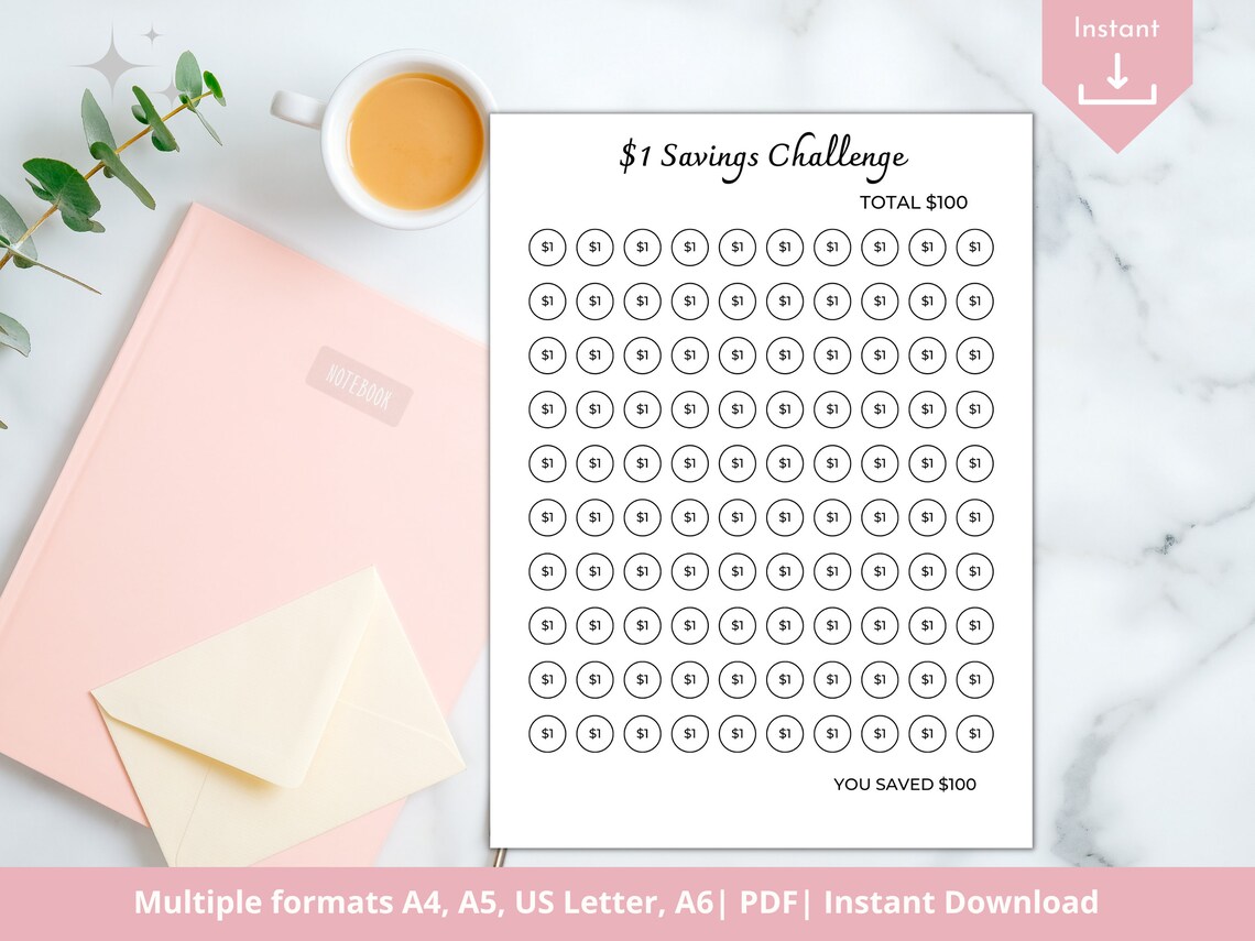 1 DOLLAR BILL CHALLENGE - Money Savings Challenge, Savings Tracker, 100 ...