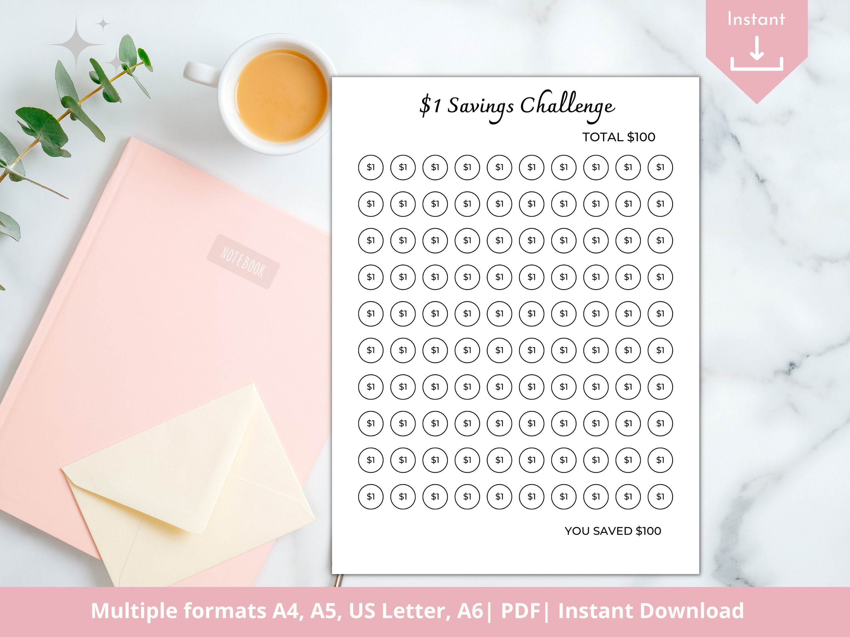 1 DOLLAR BILL CHALLENGE - Money Savings Challenge, Savings Tracker, 100 ...