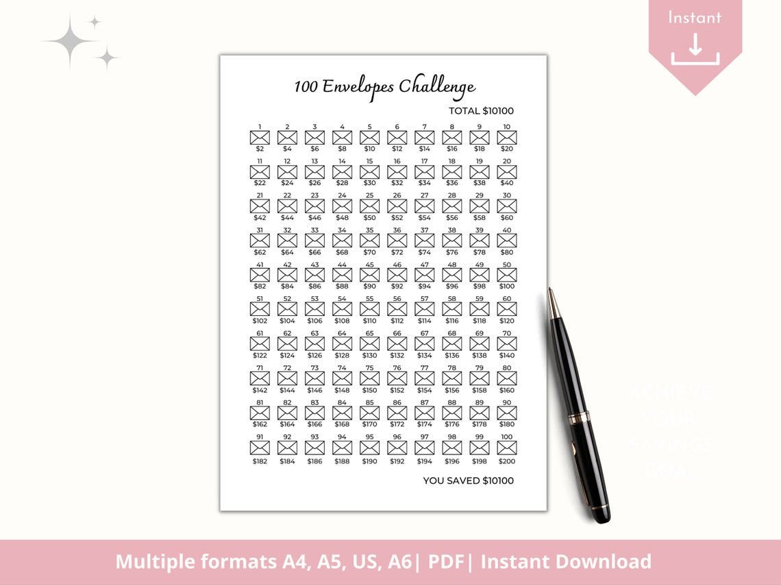 100 ENVELOPE CHALLENGE Printable - Money Savings Challenge, Savings ...