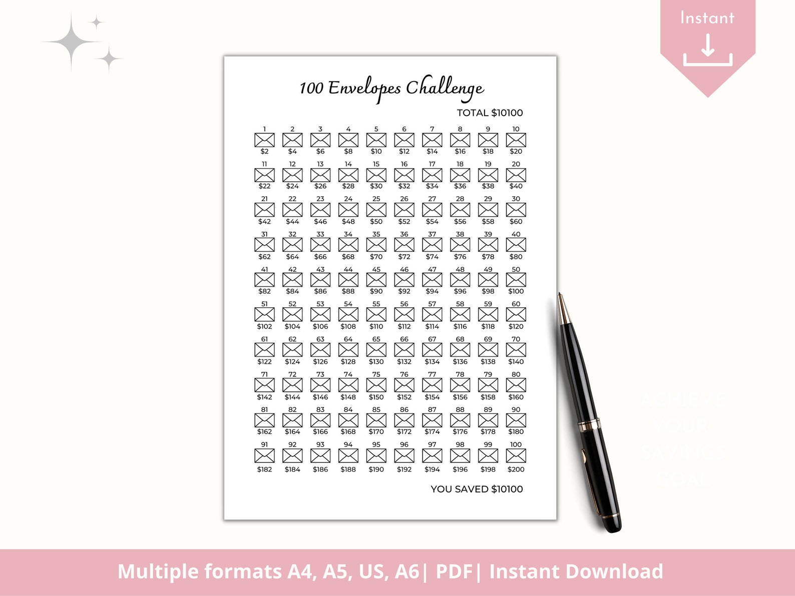 100 ENVELOPE CHALLENGE Printable - Money Savings Challenge, Savings ...