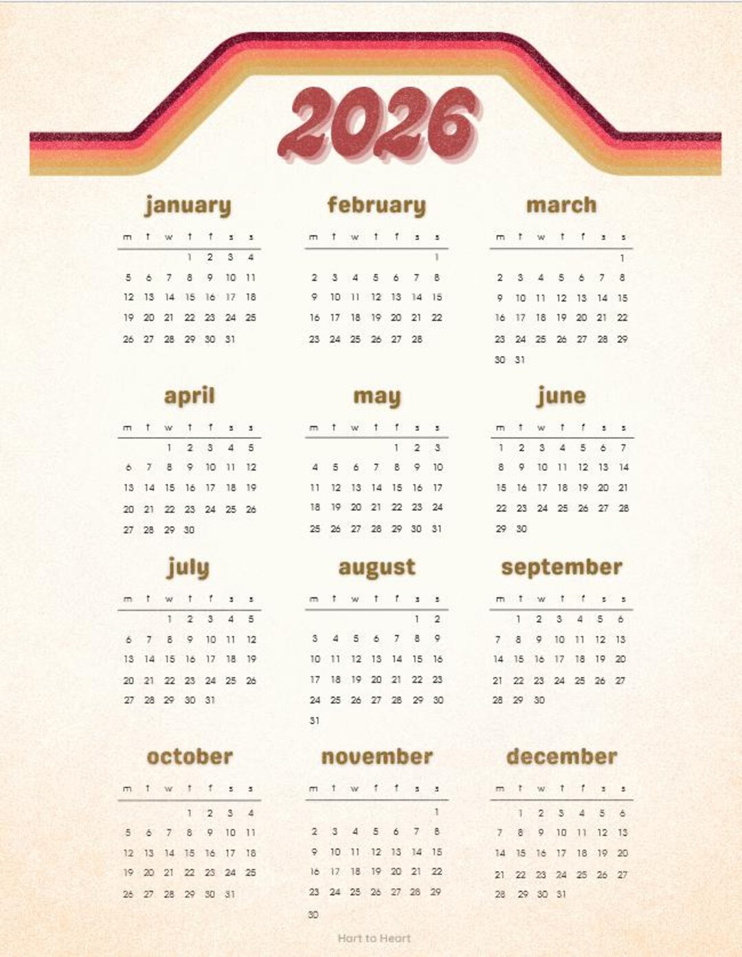 Groovy 2026 Calendar Printable | 70s Retro Wall Art (digital Download ...