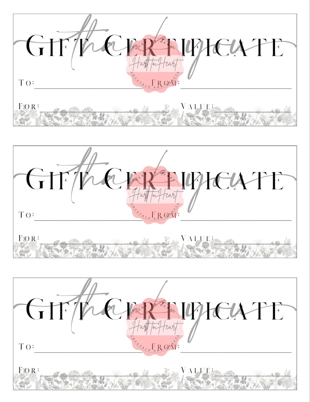 Blank Gift Certificates - Simple Thank You With Floral Detail - Etsy