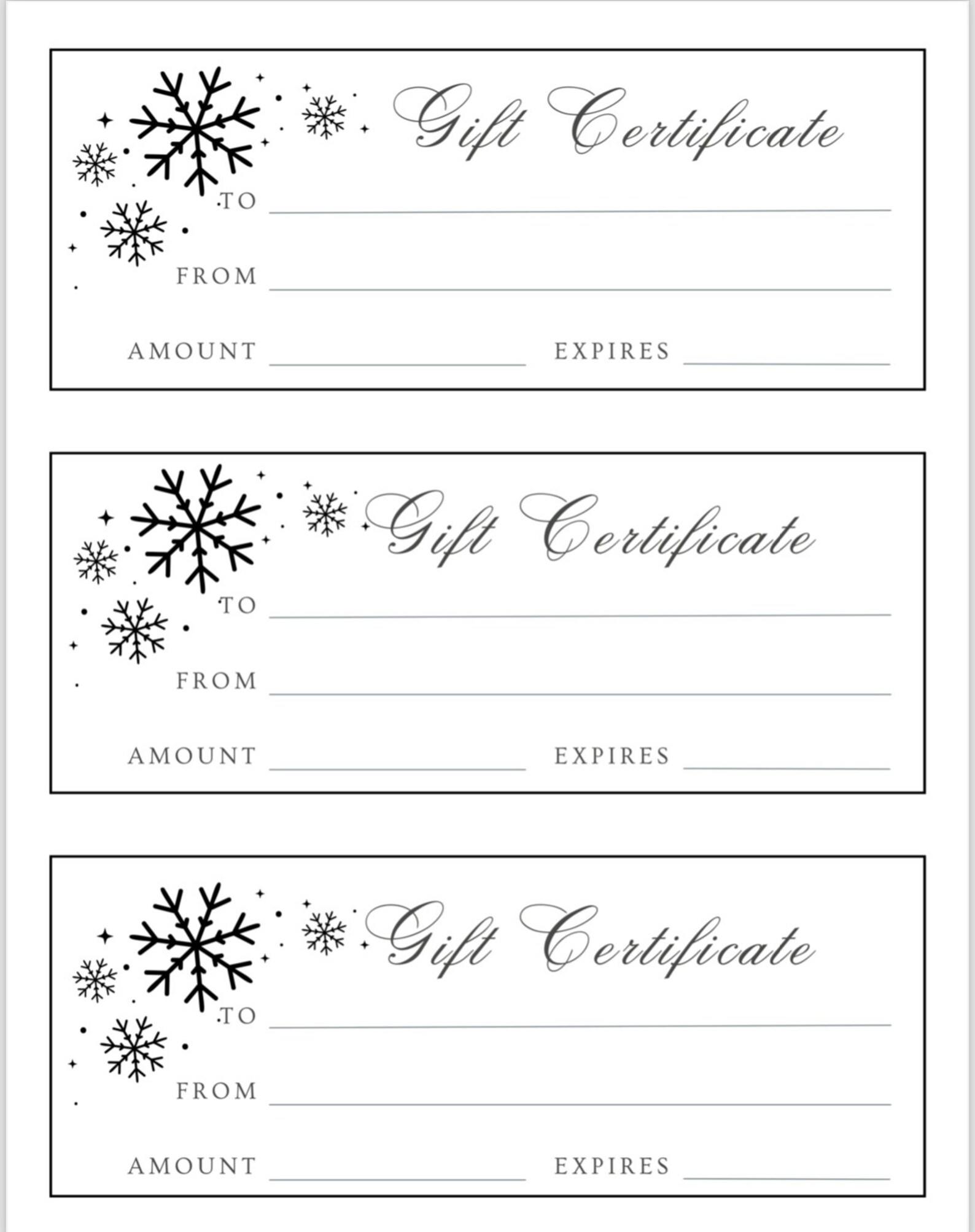 Winter and Holiday Blank Gift Certificates - Snowflake - Etsy