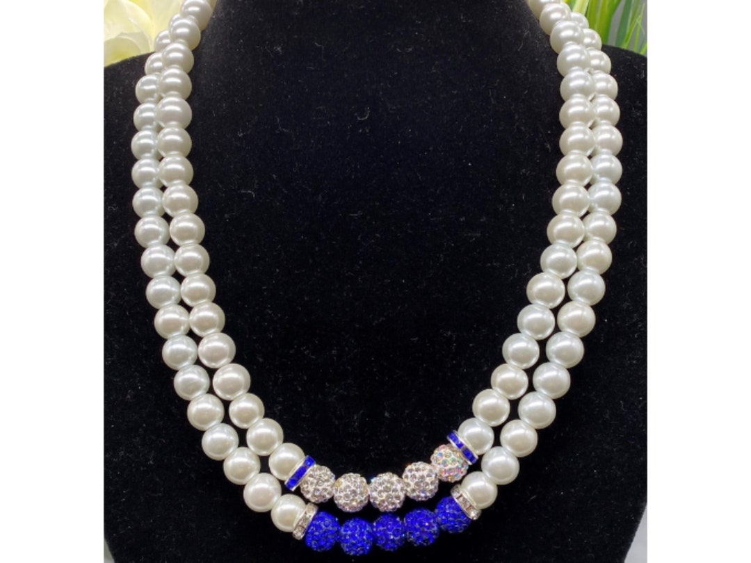 Royal Blue and White Rhinestone Beads With White Glass Pearl ...