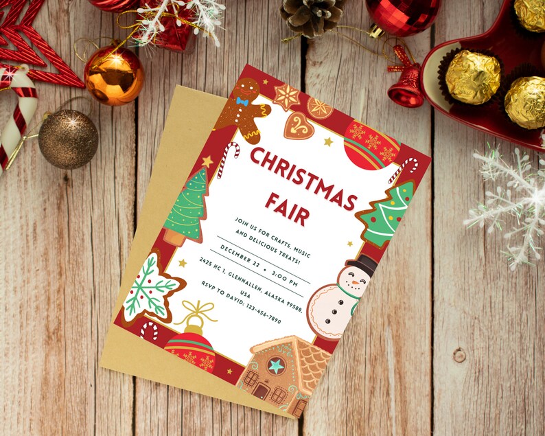 Green and Red Illustrated Christmas Fair Invitation Card, Christmas ...