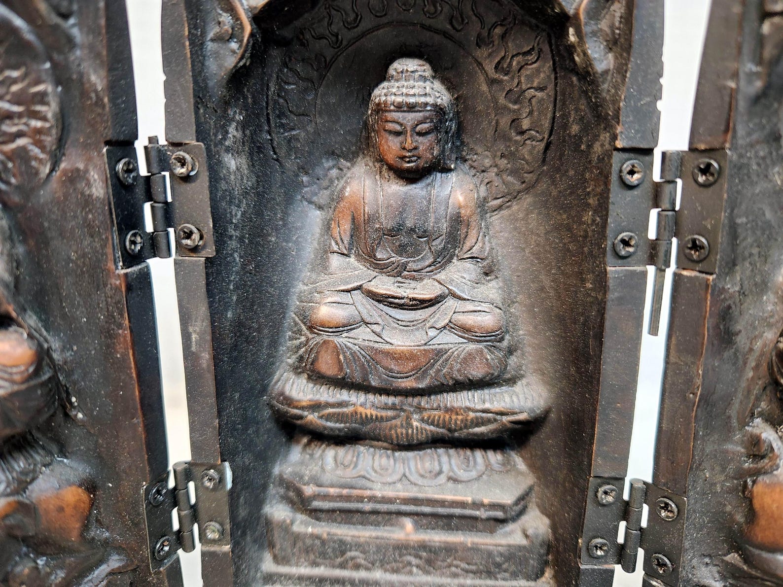 Tri-temple Buddha Carving, Hinged Temple, Wooden Buddha Display, Tri ...