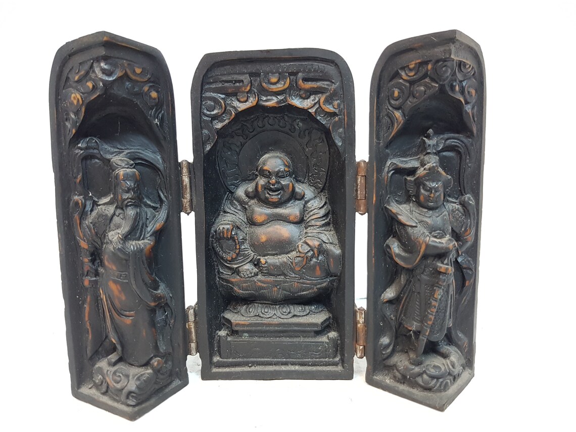 Tri-temple Buddha Carving, Hinged Temple Like, Wooden Buddha Display ...