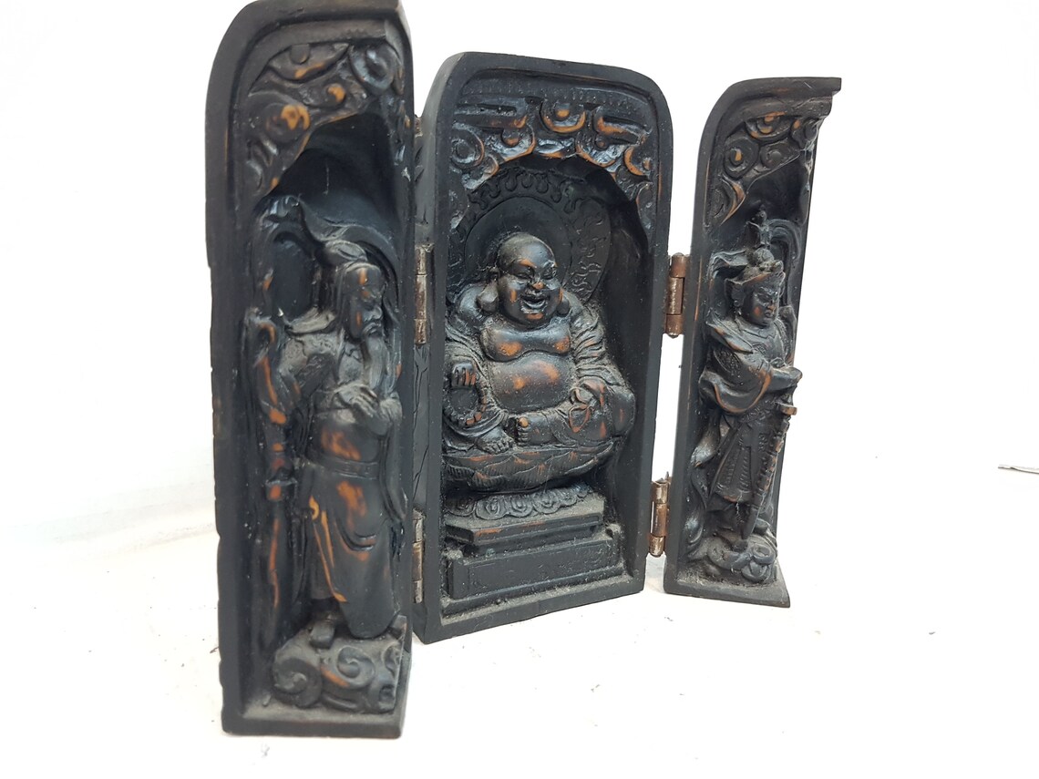 Tri-temple Buddha Carving, Hinged Temple Like, Wooden Buddha Display ...
