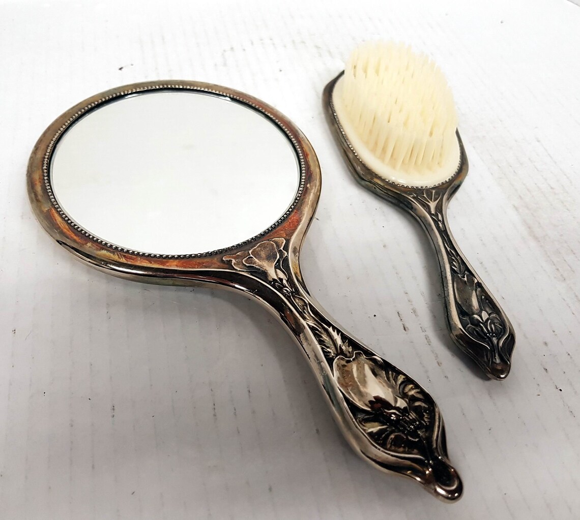 Vintage Mirror-brush Set, 2 Piece Set, Silver Plated Mirror-brush, Hair ...