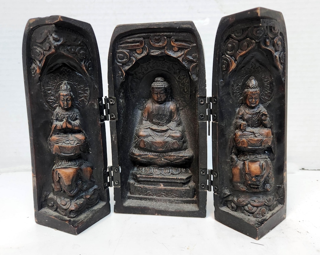 Tri-temple Buddha Carving, Hinged Temple, Wooden Buddha Display, Tri ...