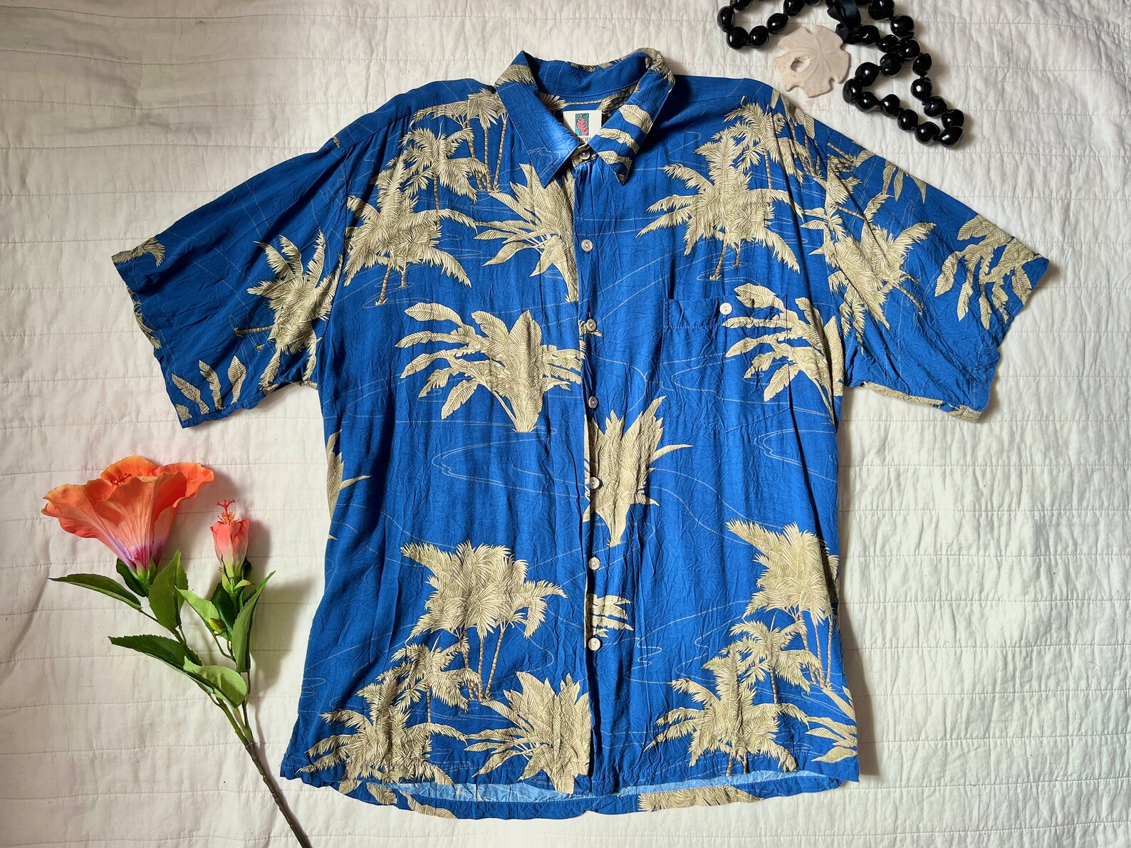 Vintage Blue/tan Tropical Palm Trees Pattern Tori Richard Hawaiian ...