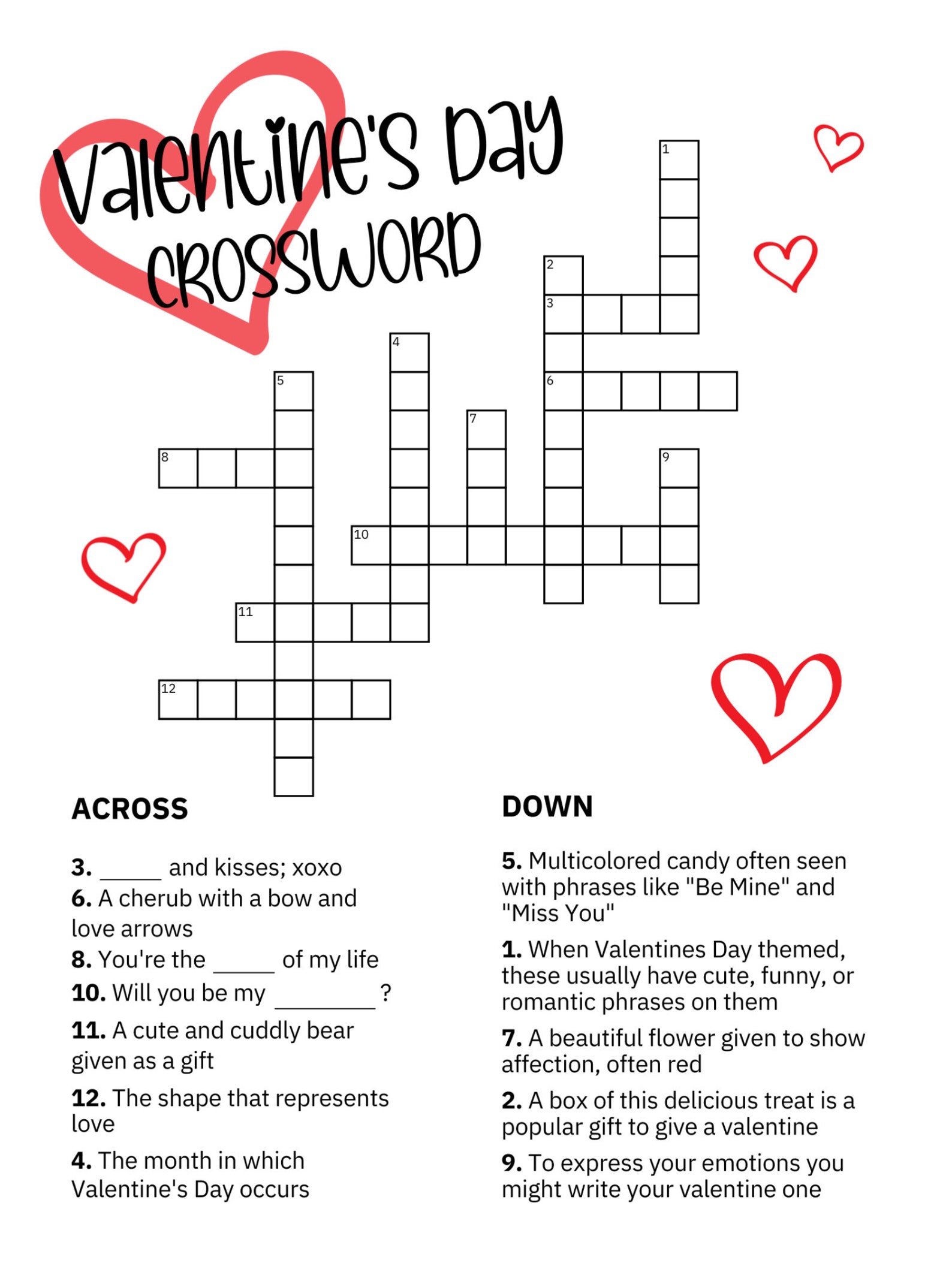 Valentine's Day Crossword Puzzle: Kids Printable Game (PDF) - Etsy