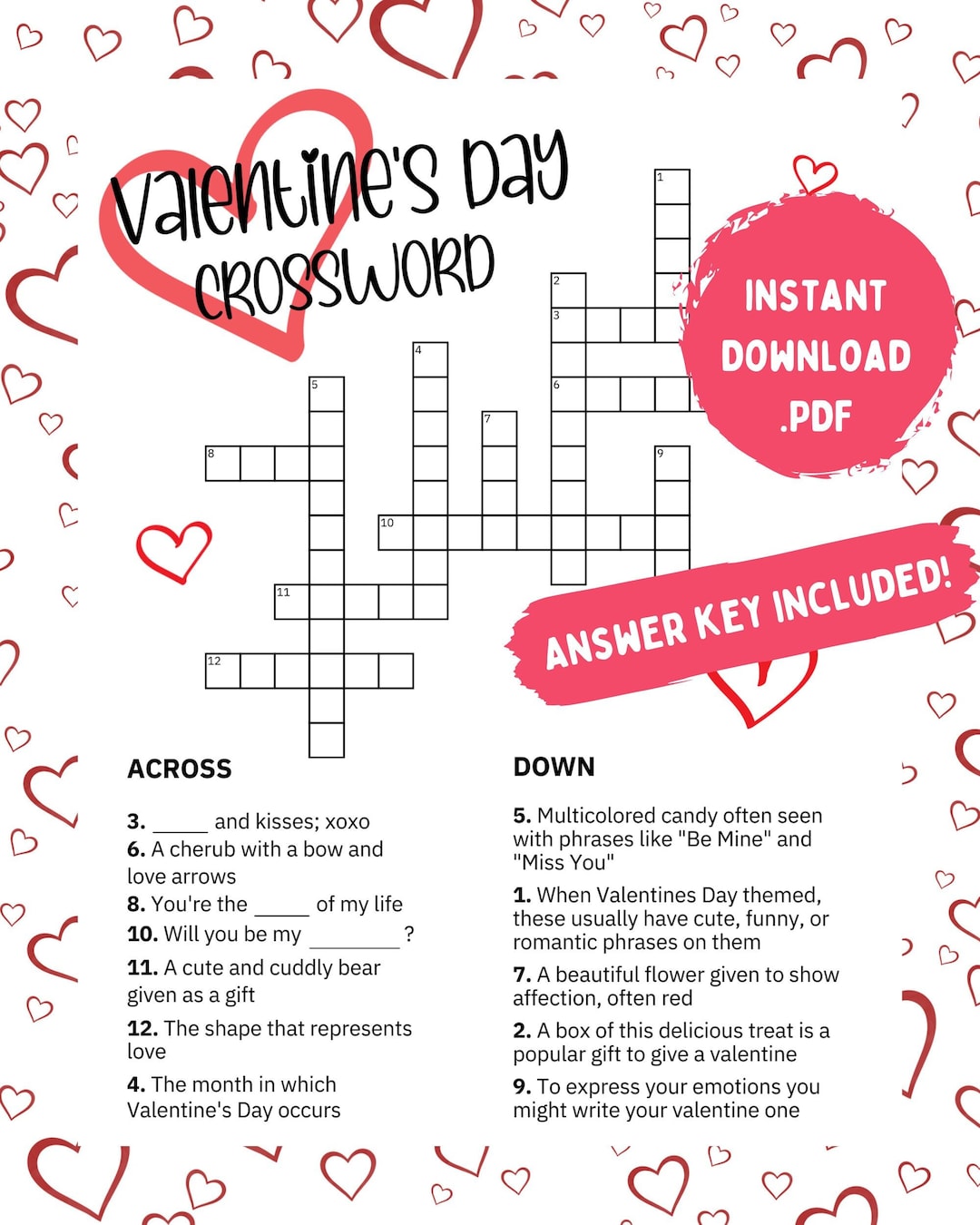 Valentine's Day Crossword Puzzle: Kids Printable Game (PDF) - Etsy