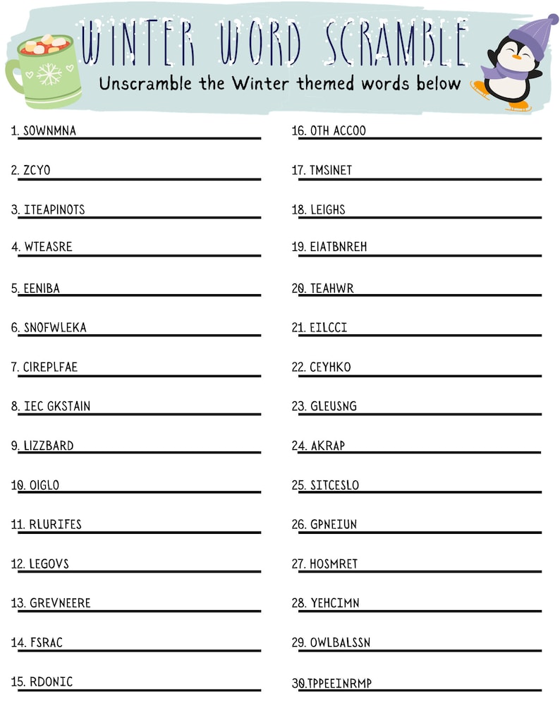 Winter Word Scramble Puzzle W/ Answer Key, Printable Winter Puzzle ...
