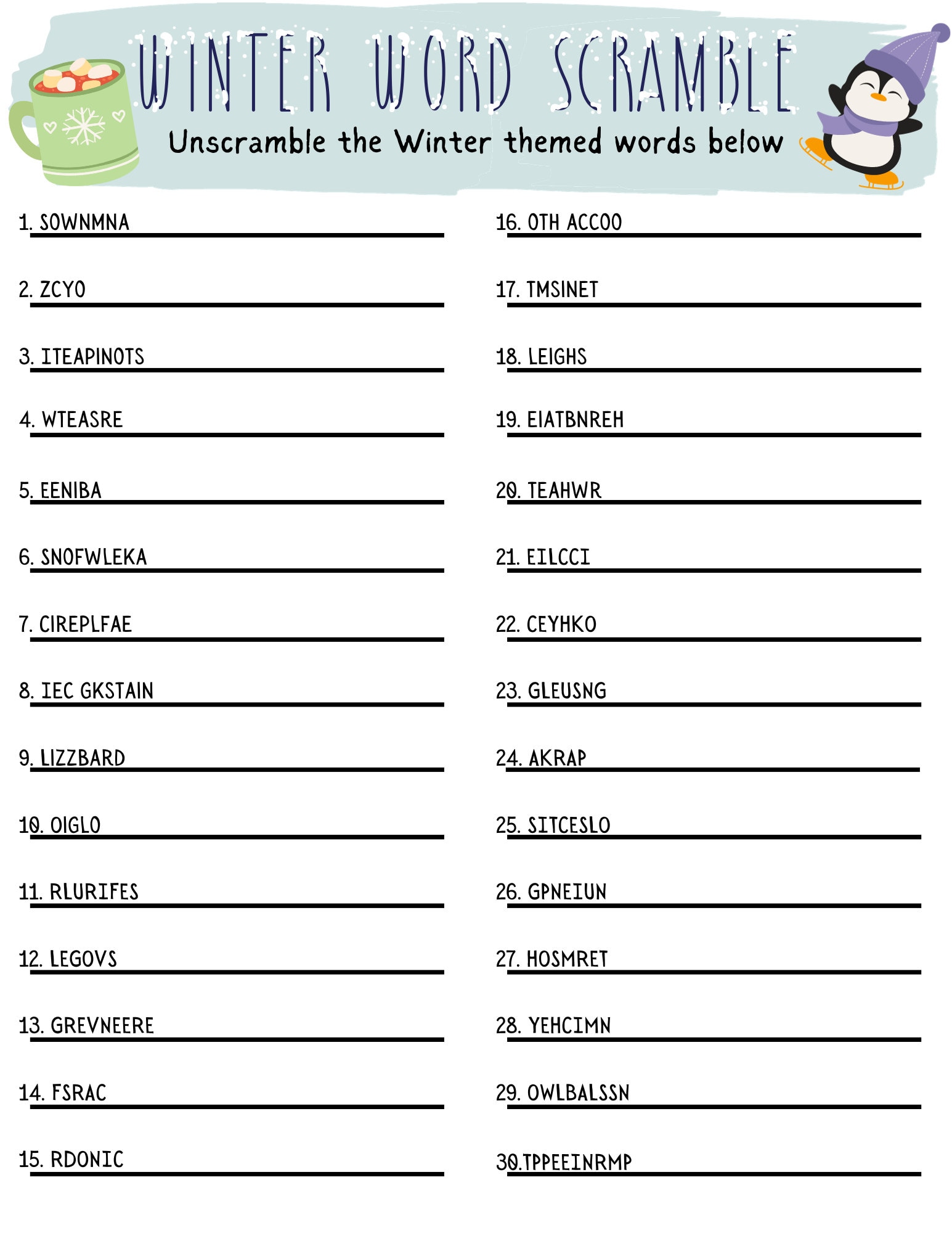 Winter Word Scramble Puzzle W/ Answer Key, Printable Winter Puzzle ...