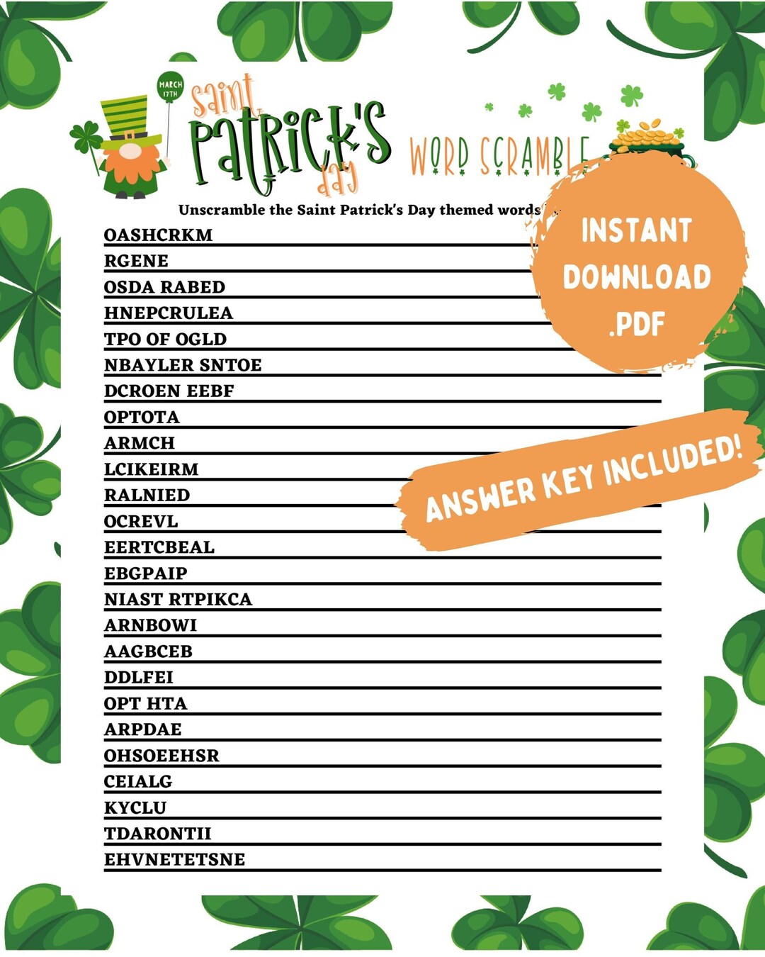 Saint Patrick's Day Word Scramble With Answer Key, Printable St ...
