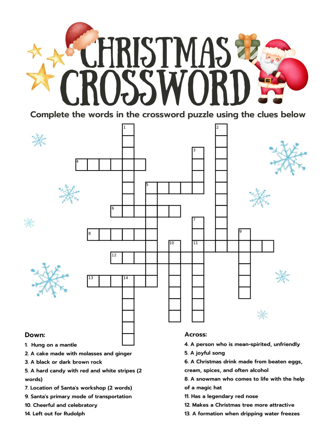 Printable Christmas Crossword Puzzle With Answer Key (digital Download ...