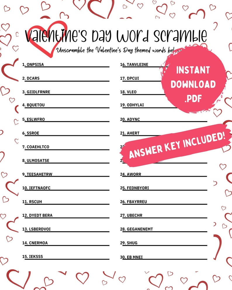 Valentine's Day Word Scramble With Answer Key, Printable Valentine's ...