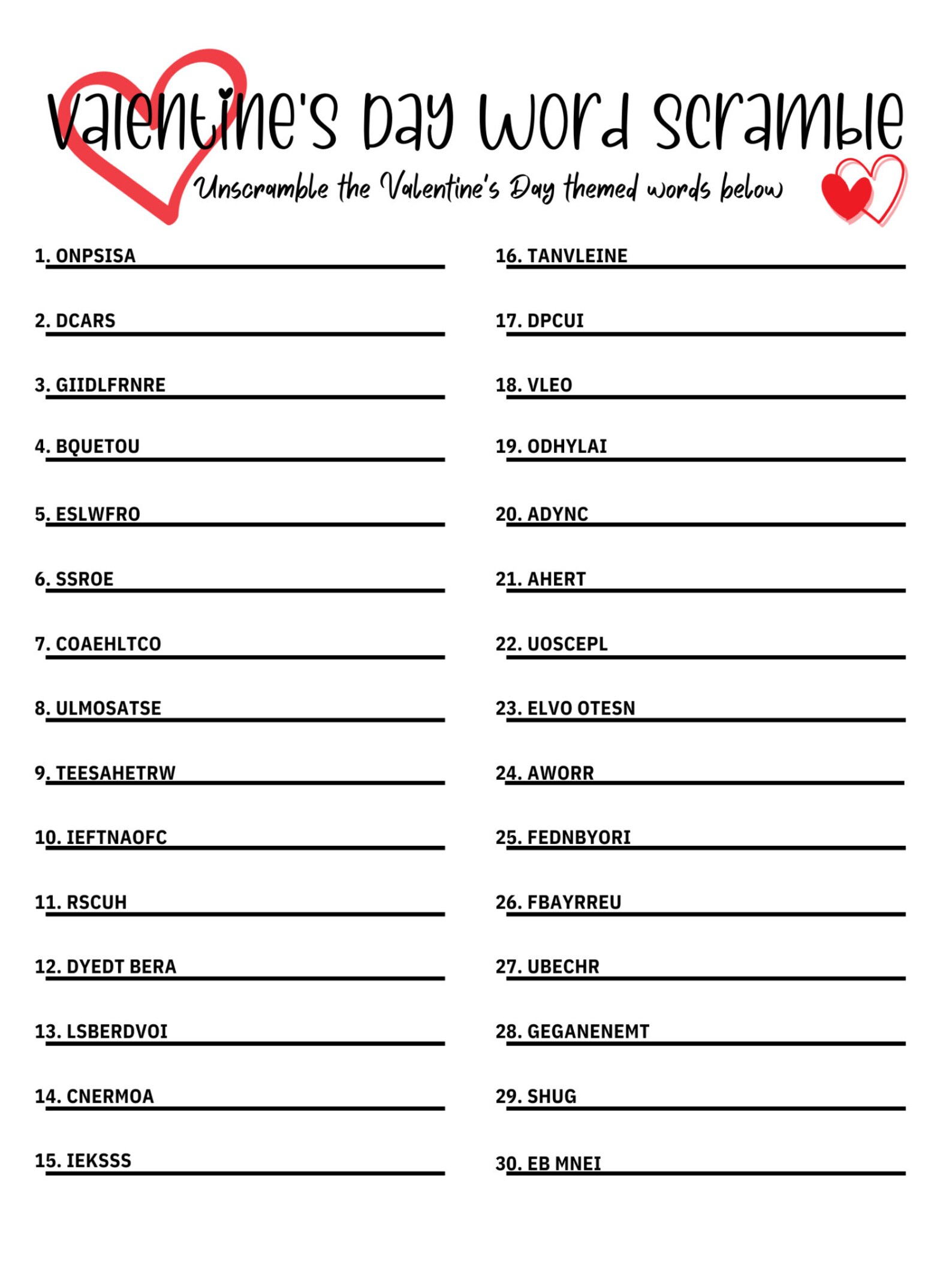 Valentine's Day Word Scramble With Answer Key, Printable Valentine's ...