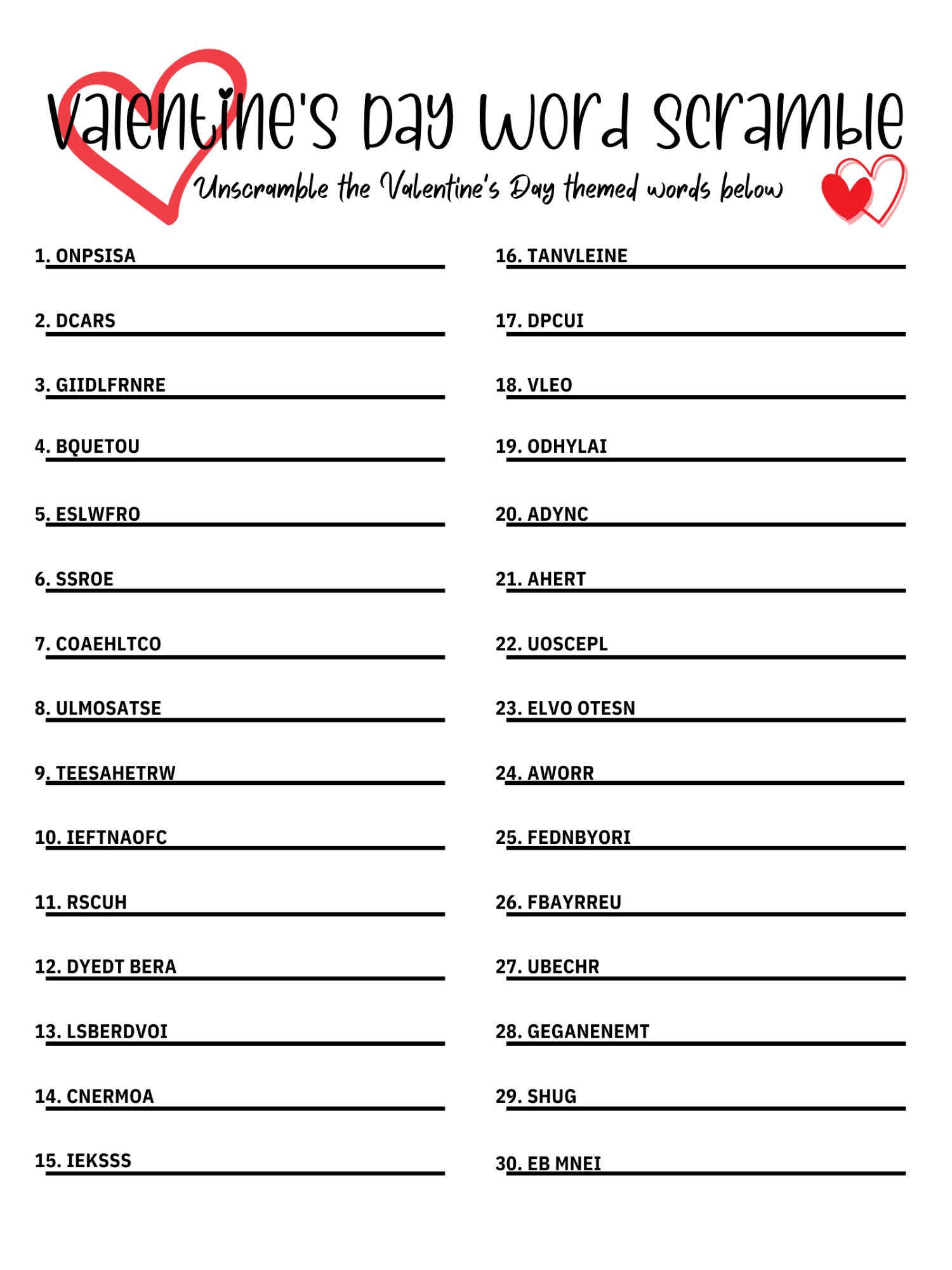 Valentine's Day Word Scramble With Answer Key, Printable Valentine's ...