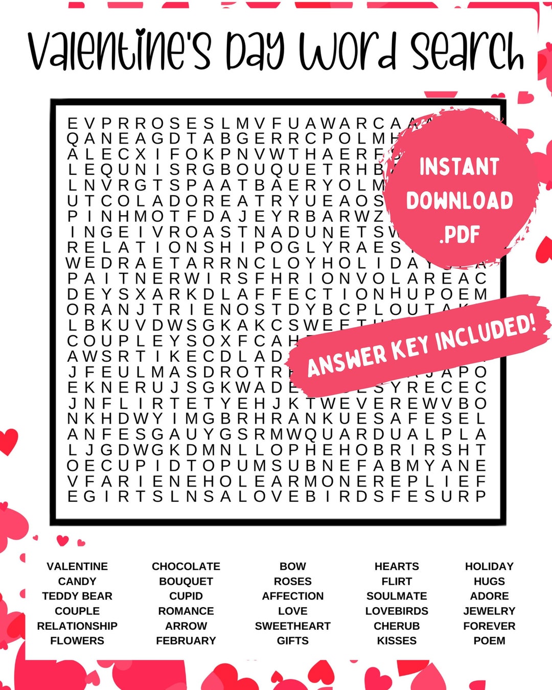 Valentine's Day Word Search With Answer Key, Printable Valentine's Day ...