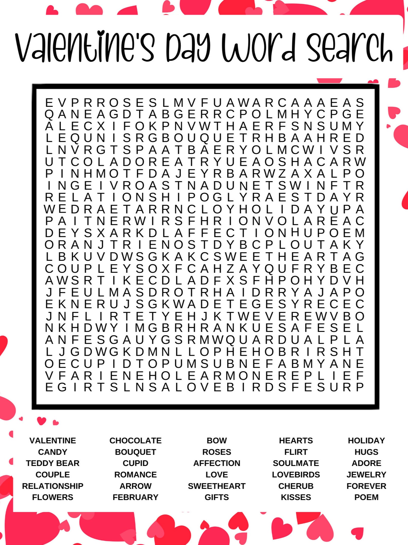 Valentine's Day Word Search With Answer Key, Printable Valentine's Day ...