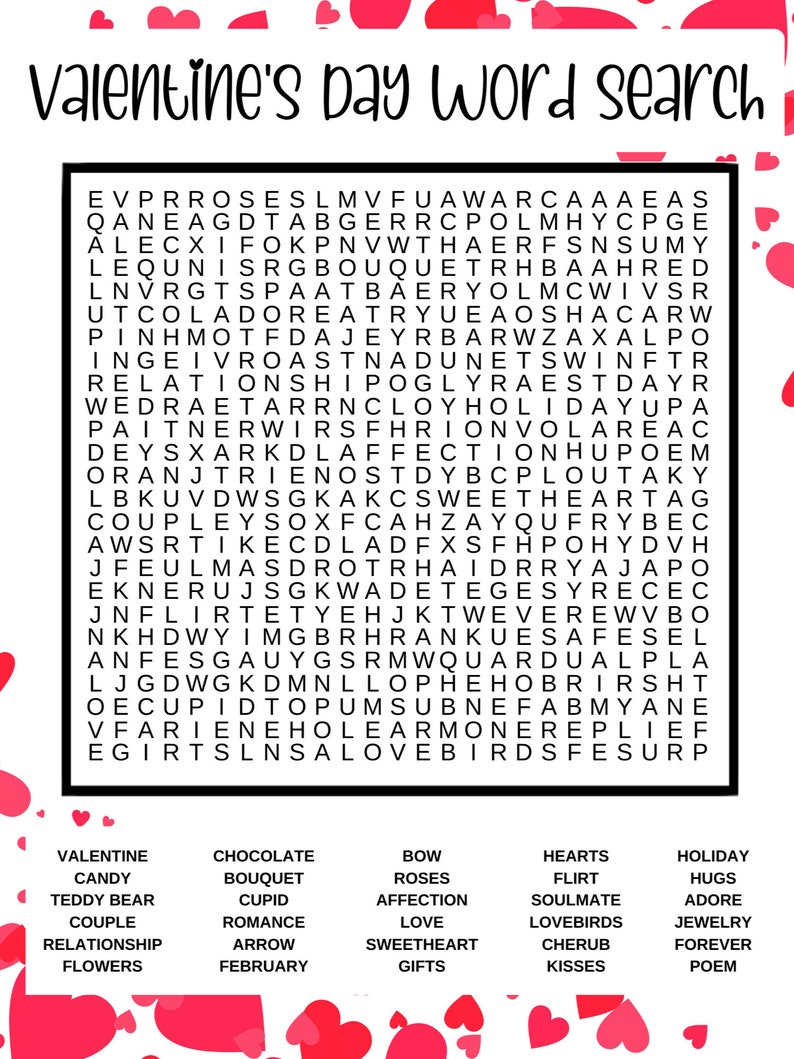 Valentine's Day Word Search With Answer Key, Printable Valentine's Day ...